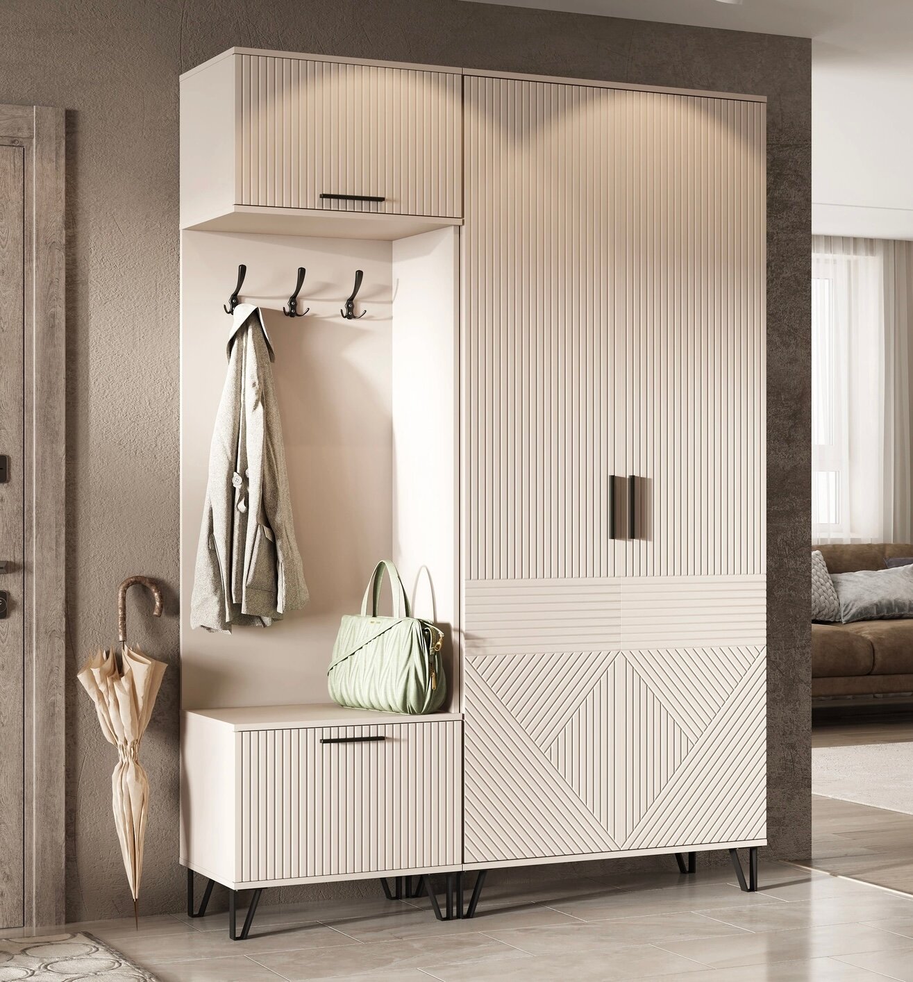 Прихожая модульная МДФ Флэш 1.5 метра. Кашемир. Шкаф + вешалка