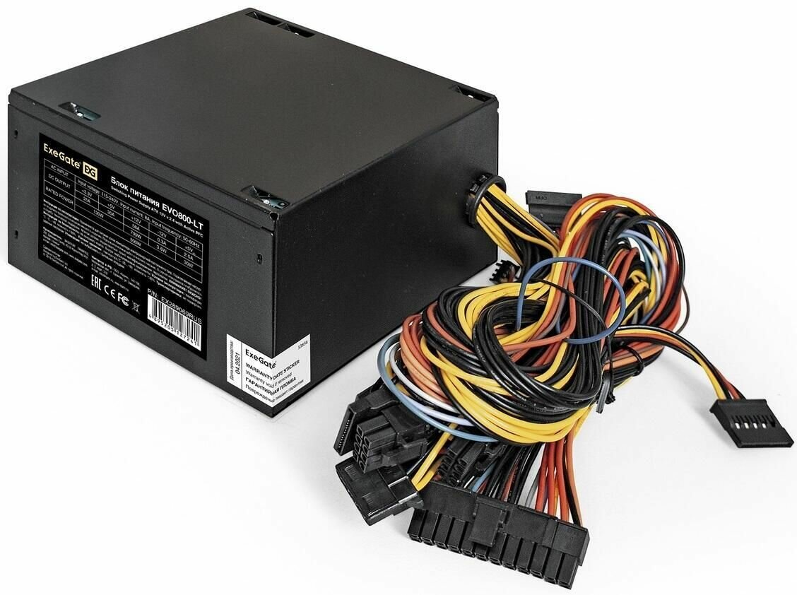 Блок питания ExeGate EVO800-LT 800W (EX289069RUS-S) черный - 800 Вт, ATX 20+4 пин, 4 pin + 4 pin CPU, 5 SATA, 2 x 6 pin PCI-E