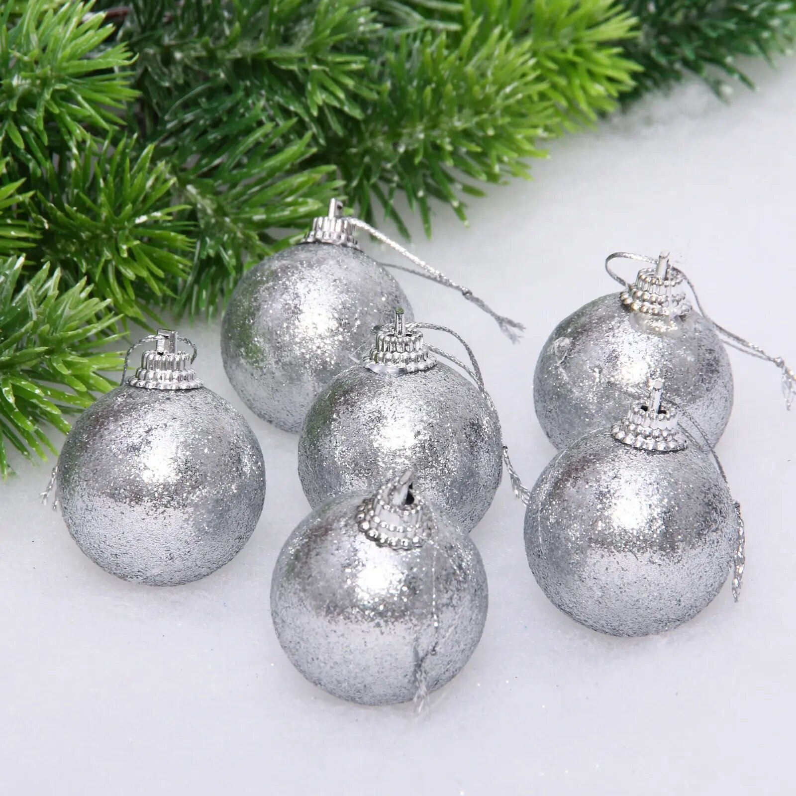 Новогодние шары «Блестящее напыление», 4 см, набор 6 шт, серебро с разноцветными блестками