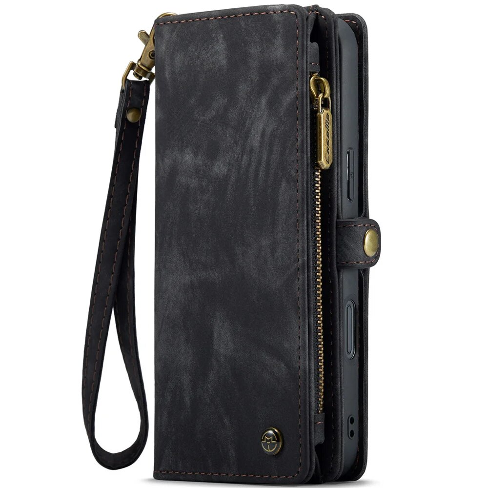 Чехол-кошелек со съемной магнитной молнией для iPhone 17 16e 16 15 14 13 12 Pro Max X XR 13 12Mini, кожаный чехол с держателем для карт IPhone 14 Pro Max, Черный