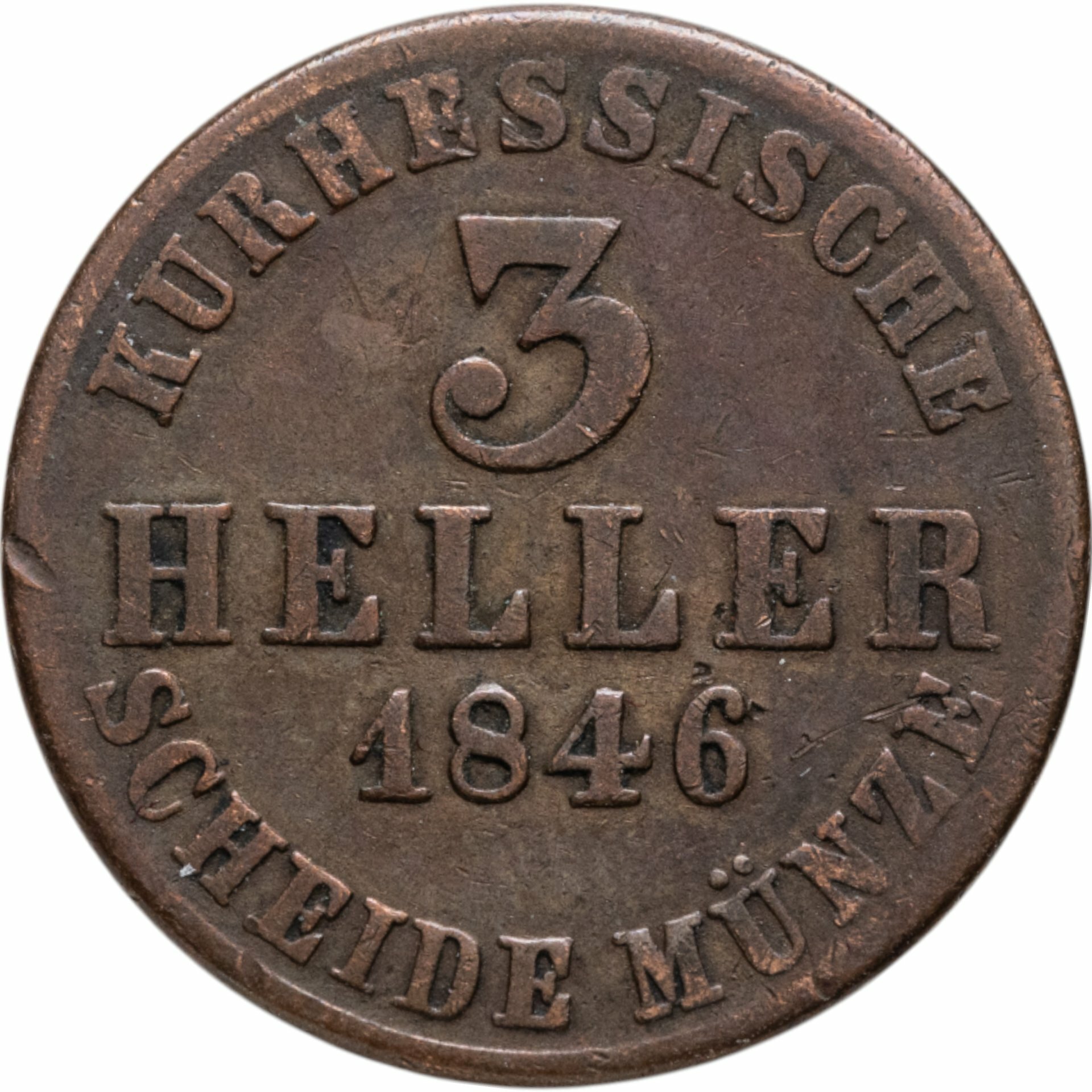 Германия, Гессен-Кассель 3 геллера 1846, Медь, в сохранности VF