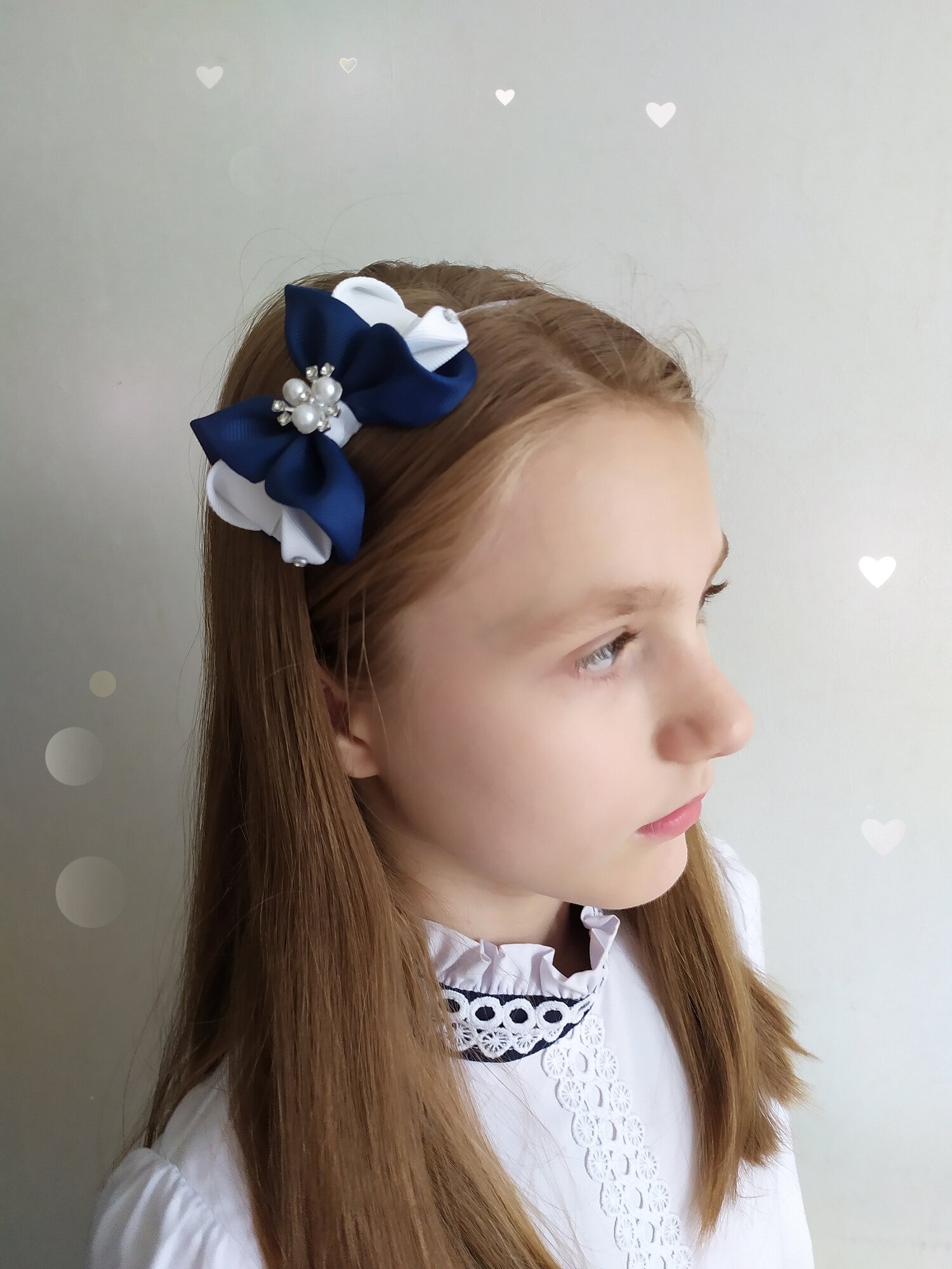 Ободок ручной работы для волос для девочки школьный с бантиком, синий
