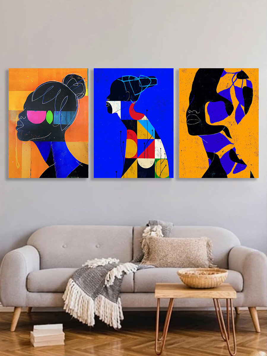 Модульные картины на стену / триптих - "Яркие абстракции, лица", картина 3 шт, модуль 40х90 см