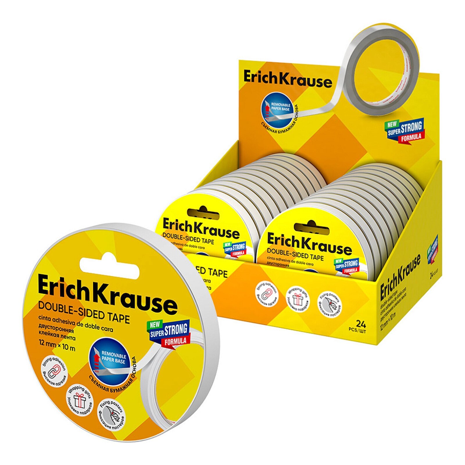 Клейкая лента двусторонняя, 12 мм × 10 метра, ErichKrause, полупрозрачная, цена за 1 шт.