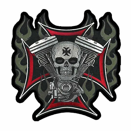 Большая нашивка на куртку, патч, шеврон байкерский, нашивка на спину череп мотор 25х24,5см