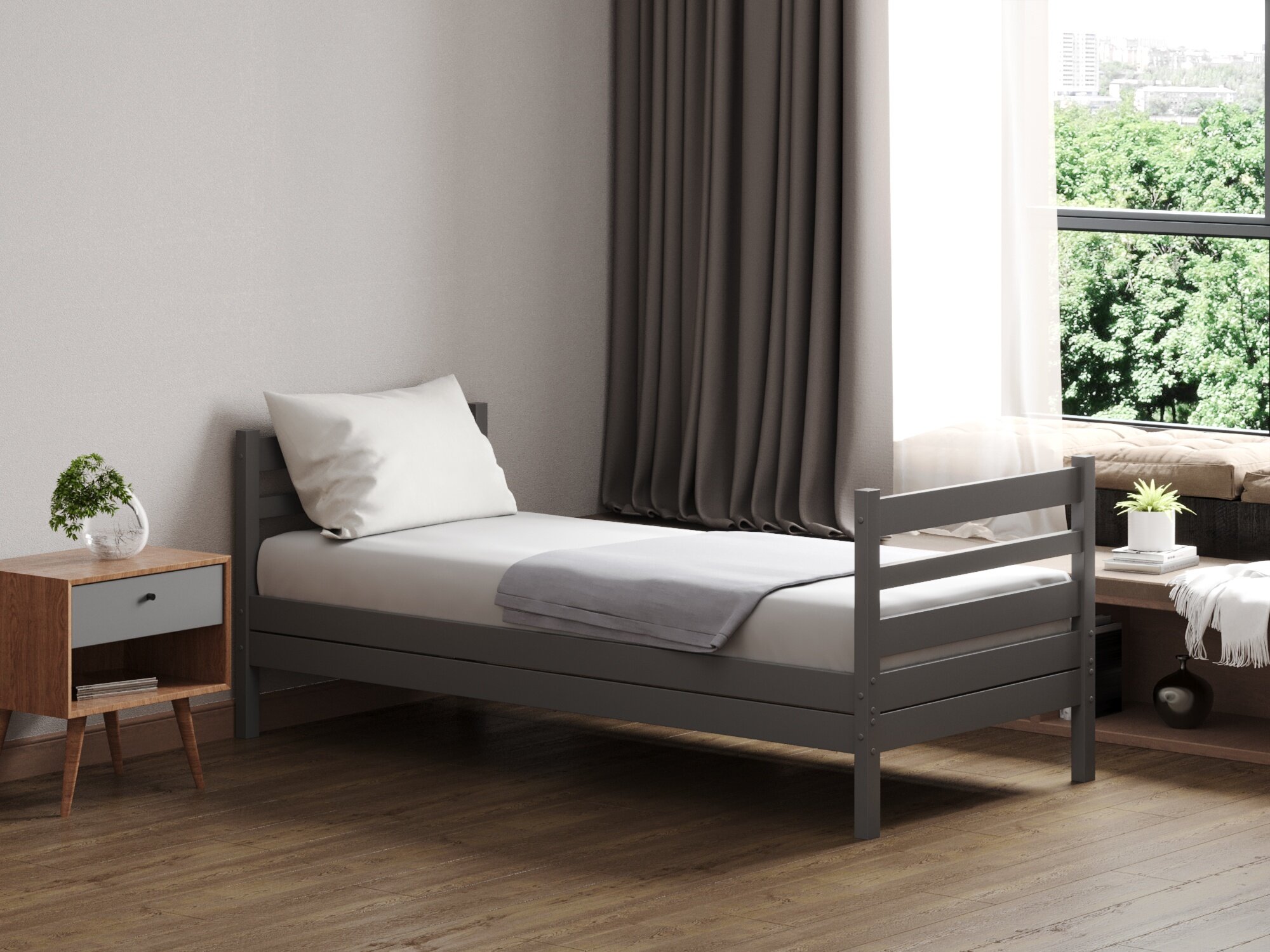 Кровать односпальная 200х90 "юность 2" массив берёзы, серый