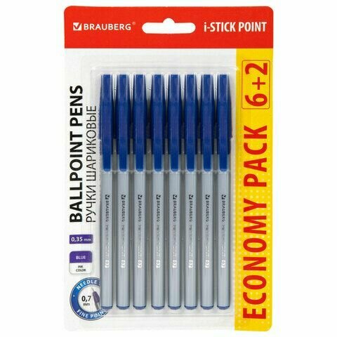 9 шт. Ручки шариковые с грипом BRAUBERG "i-STICK POINT", набор 6+2 ШТ, Синие, линия письма 0,35 мм, блистер, 144026