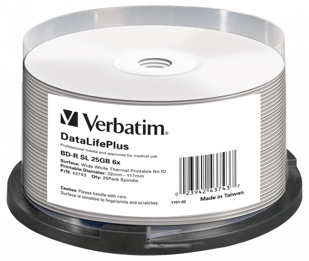Оптический диск Verbatim BD-R SL 25GB 6X DataLifePlus Wide Termal Printable No ID, Spindle, 25 шт