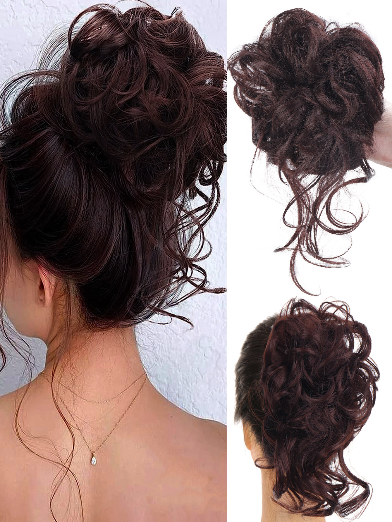 1 шт. Синтетический шиньон-бублик с кудрявыми прядями и эластичной резинкой: растрепанный пучок, аксессуары для причесок (накладные пряди) для женщин