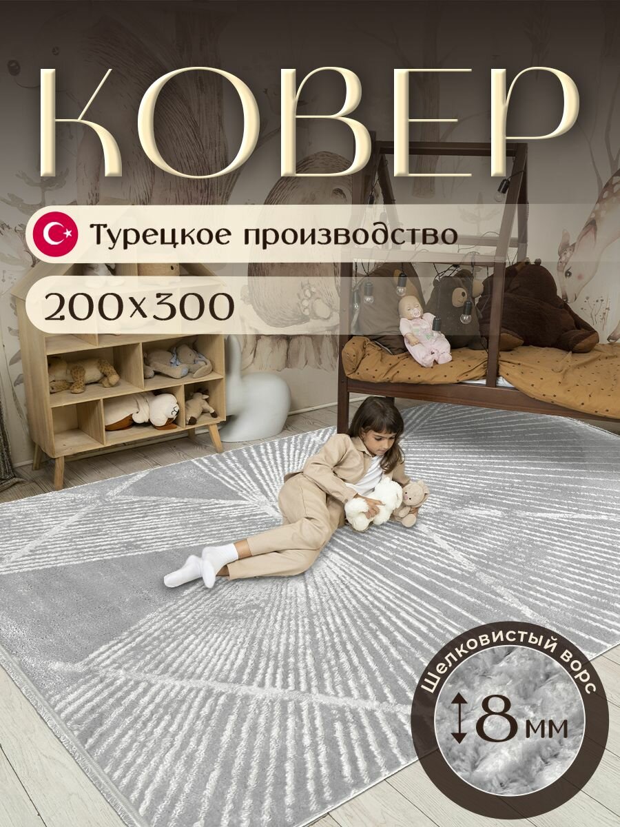 Ковер 200х300 см BARKS, серый ковер для комнаты на пол, гипоаллергенный