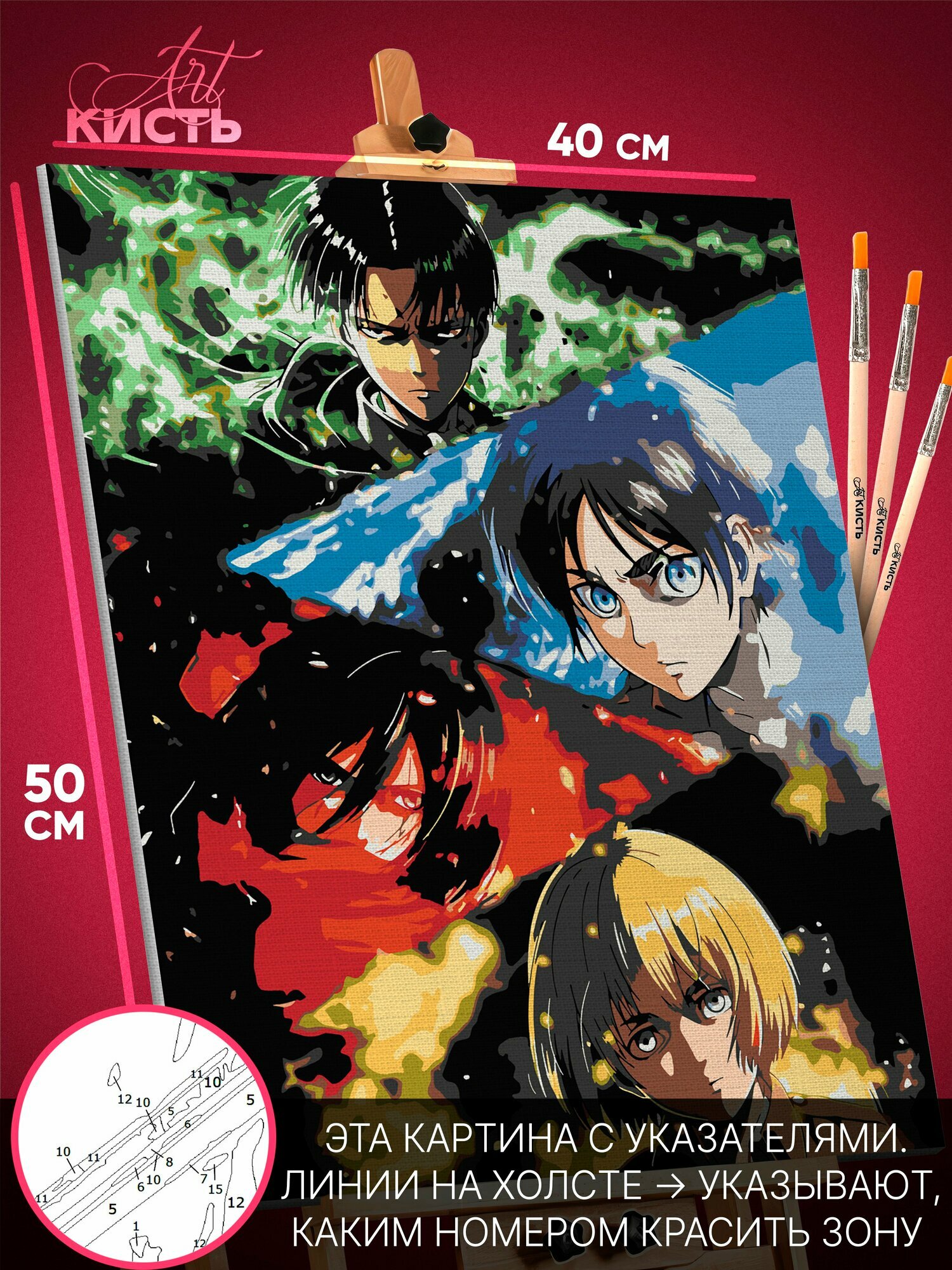 Картина по номерам на холсте с подрамником 40х50 Атака титанов Аниме Эрен Армин Микаса