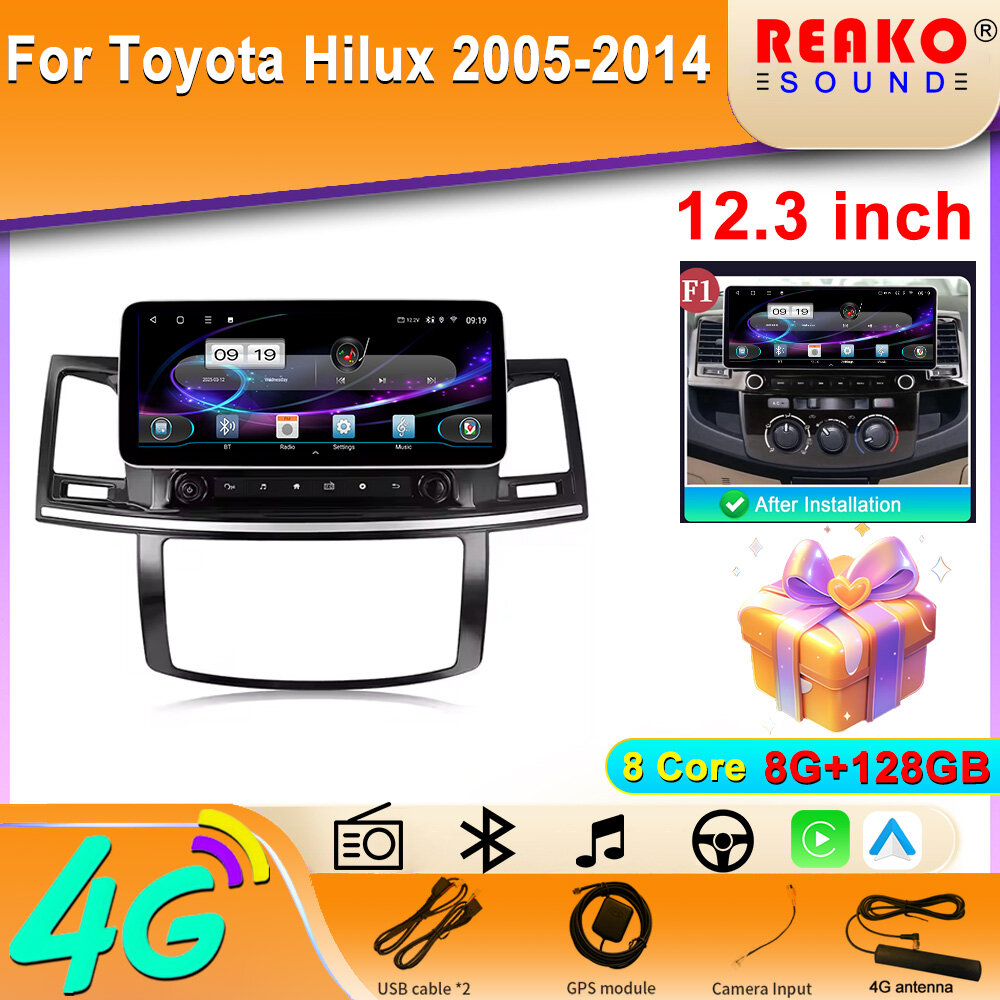 Магнитола для Toyota Hilux 2005-2014 , с камерой заднего вида. IPS экран 12.3 дюймов, Wifi 2din с сенсорным экраном, usb и блютузом.