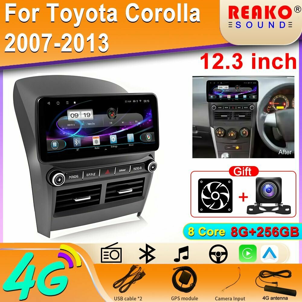 Магнитола для Toyota Corolla 2007-2013 , с камерой заднего вида. IPS экран 12.3 дюймов, Wifi 2din с сенсорным экраном, usb и блютузом.