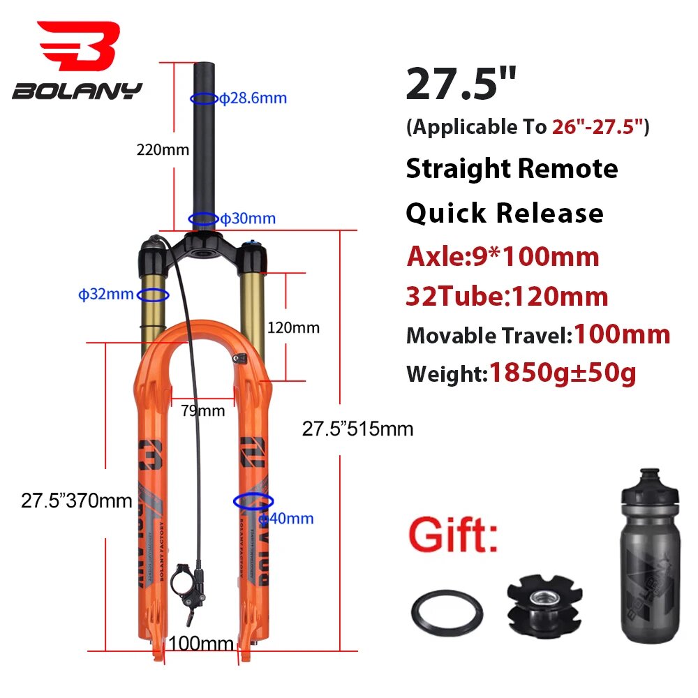Bolany воздушная вилка MTB 32 мм 27.5/29 дюймов 120 мм Оранжевый, 27.5 remote