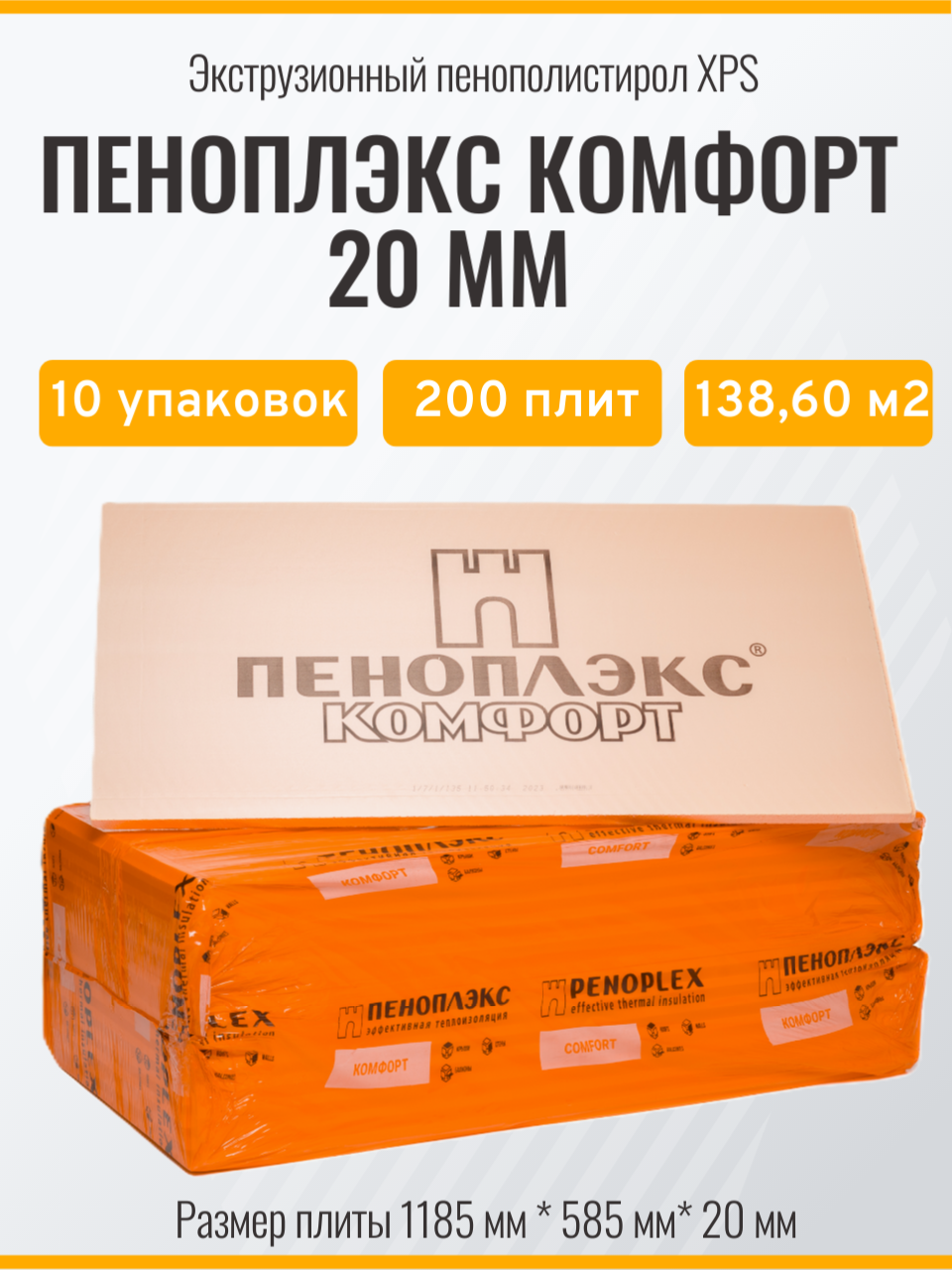 Пеноплекс Комфорт 20 мм (200 плит/10 упаковок/138.6 м2), утеплитель для стен, крыши, пола, экструзионный пенополистирол