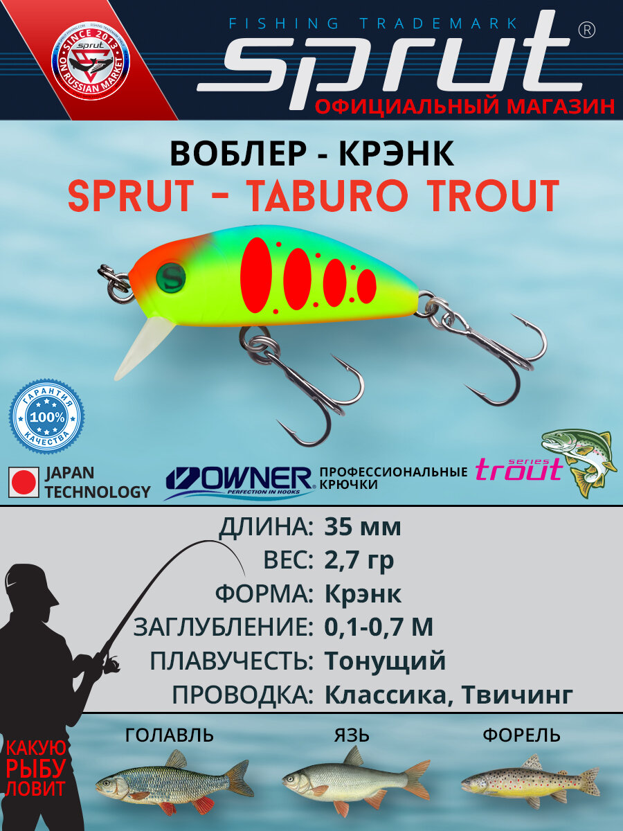 Воблер Sprut Taburo Trout Sinking/35mm/2,7g/0,1-0,5m/LBTR4
