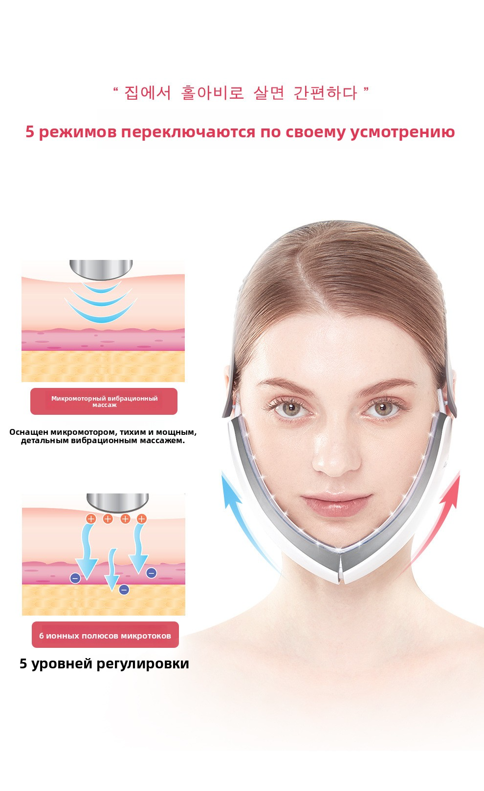 Микротоковый чудо-аппарат для похудения лица с красно-синим цветовым освещением, аппарат для ухода за подбородком, вибрирующий аппарат для подтяжки лица, V-образного лица и похудения лица