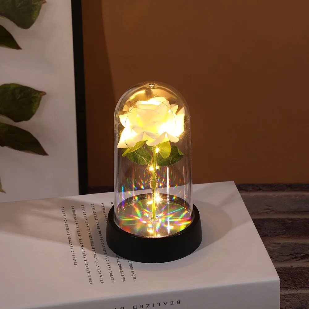 Искусственная роза в куполе с LED подсветкой, бежевая