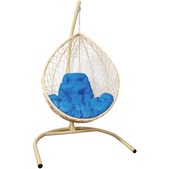 Подвесное кресло M-group капля с ротангом бежевое, голубая подушка