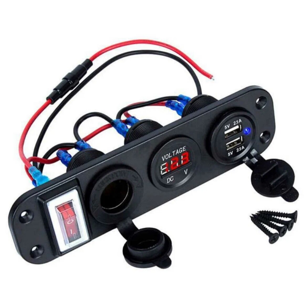Панель розеток в авто, 12-24 V, с вольтметром, переключателем, 3 гнезда, 2 USB-порта