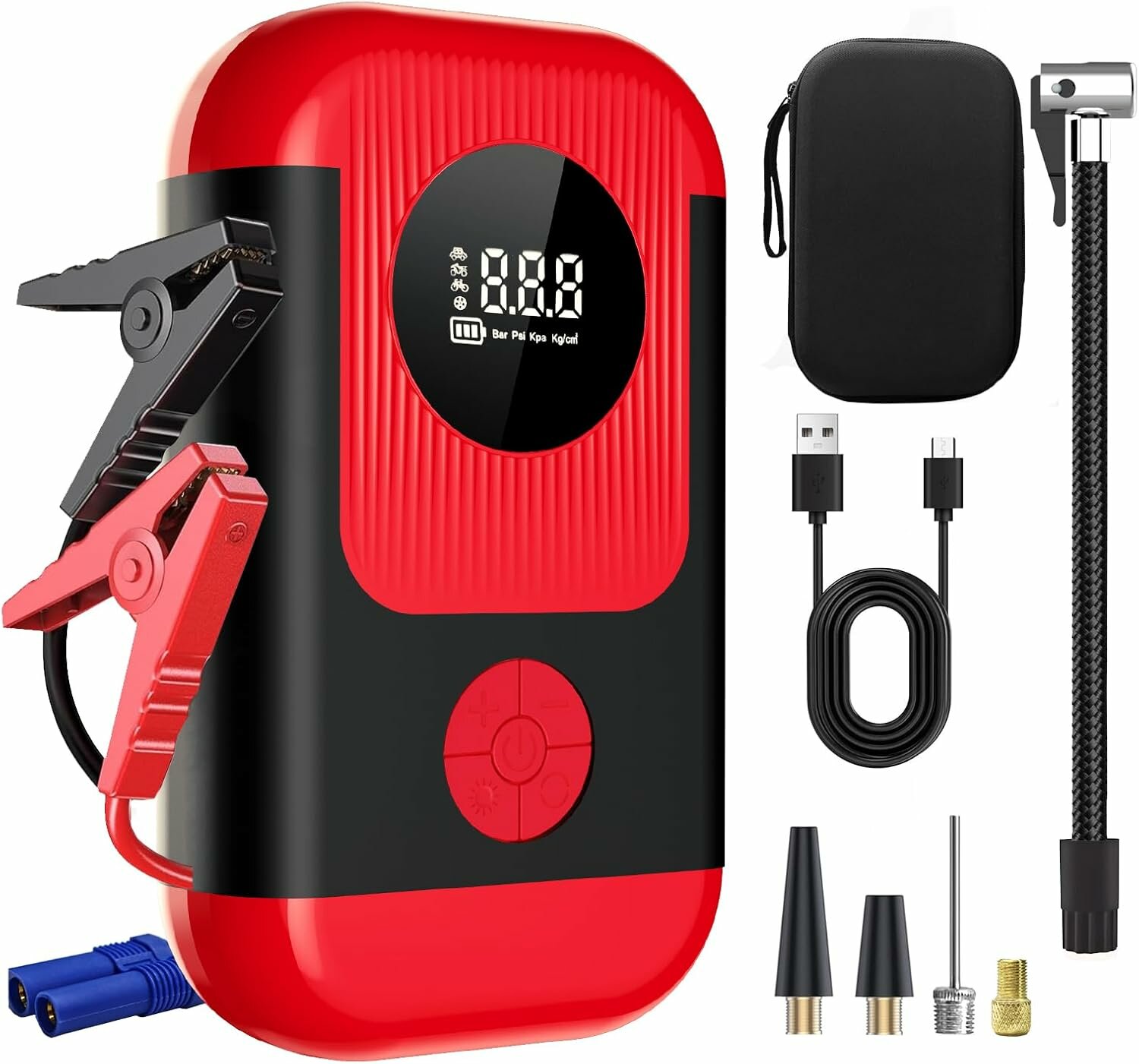 Портативный воздушный компрессор и прыжок автомобилей, штанги, беспроводной воздушный насос со светодиодным светом и даткой давления для автомобиля, мотоциклов, велосипедов, шариков, аварийного