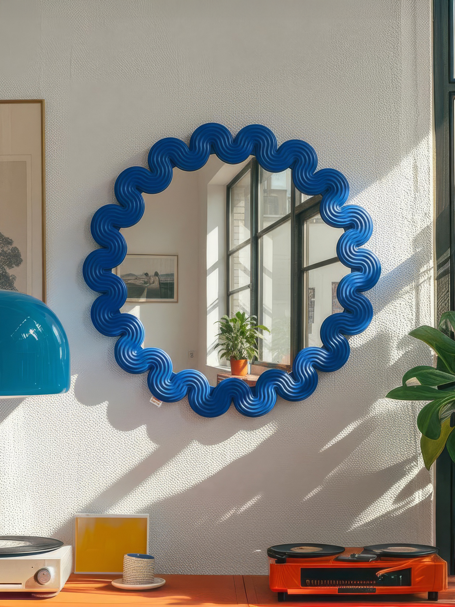 Зеркало настенное 50x50 см, круглое, с системой монтажа без сверления, синее