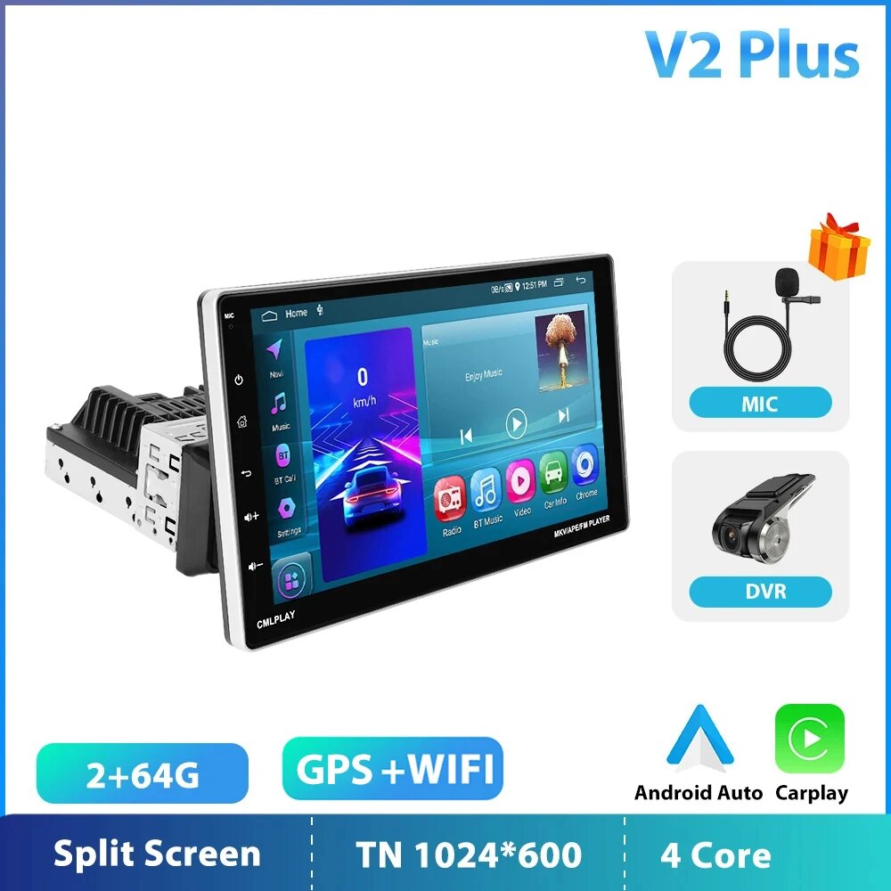 Автомобильный мультимедийный плеер Podofo, универсальная мультимедийная система на Android, с 9 "сенсорным экраном, с FM-приемником и поддержкой камеры заднего вида, Типоразмер 1DIN, 2 64G MIC DVR