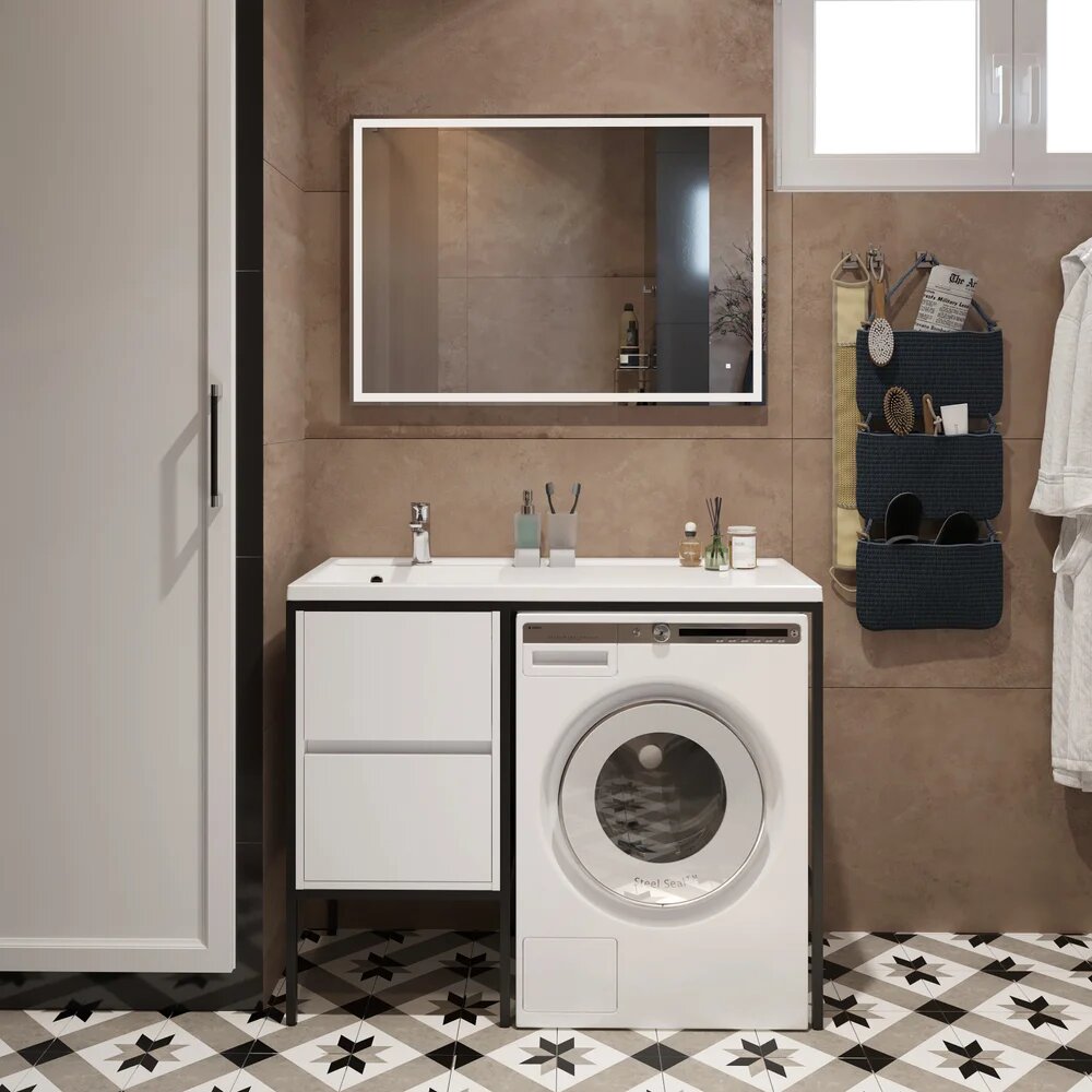 Раковина над стиральной машиной STWORKI Флом SFnS1100L 110 см, с кронштейном, прямоугольная, из литьевого мрамора, глянцевая белая