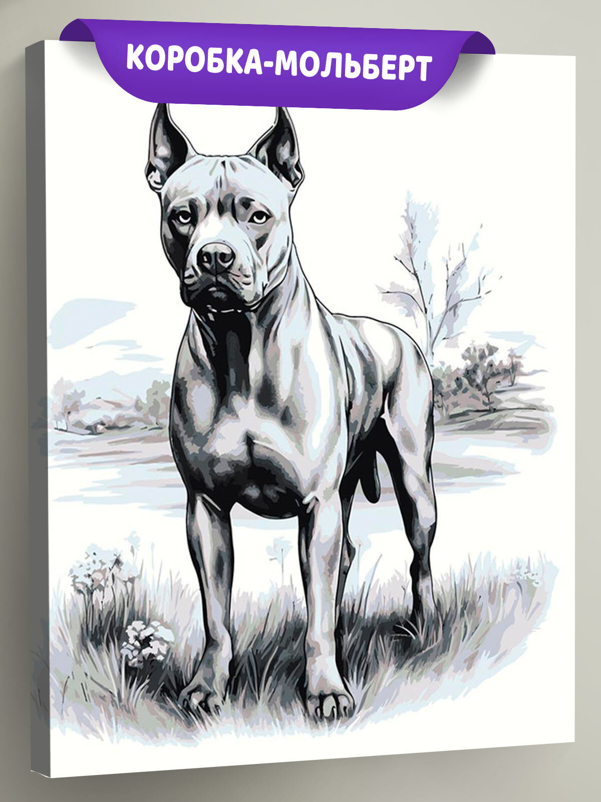 Картина по номерам на холсте с подрамником "Собака Стаффорд (Стаффордширский терьер) 3" Раскраска 40х50 см, Черно белая