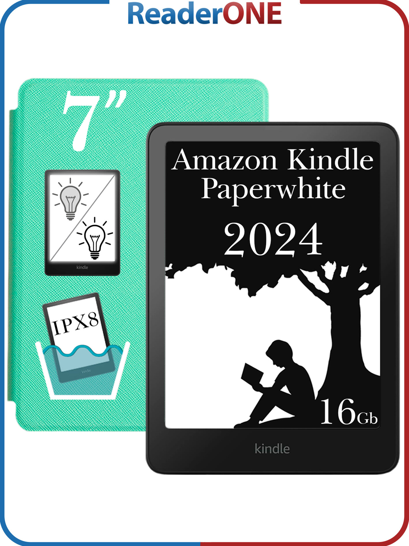 Электронная книга Amazon Kindle PaperWhite 12 2024 16Gb Black (рекламная версия) с обложкой ReaderONE, Light Green