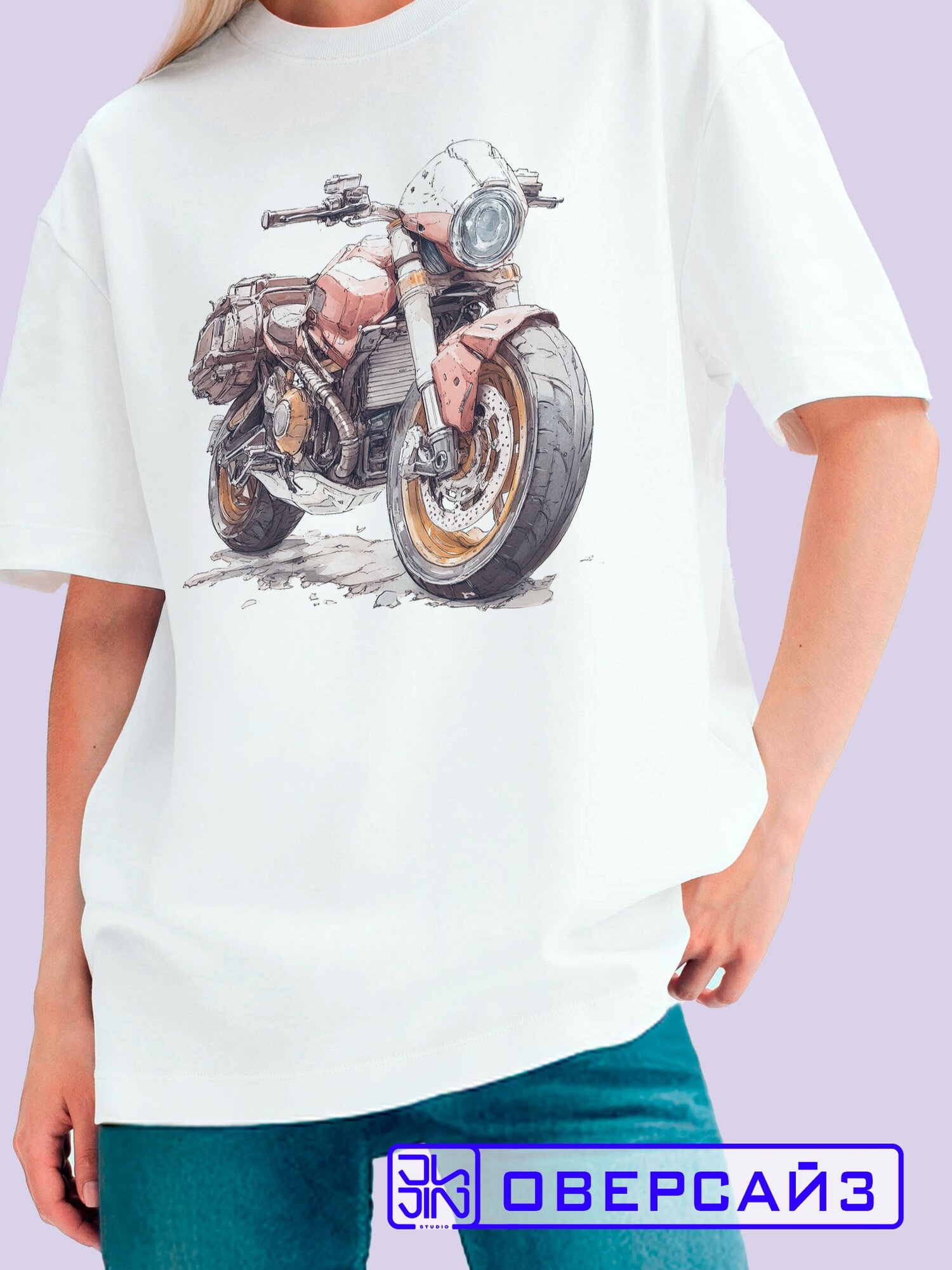 Футболка оверсайз женская с принтом Ретро мотоцикл оранжевый, винтажный в черно белом стиле для уличного экстрима, белый хлопковый трикотаж с прикольным рисунком на груди