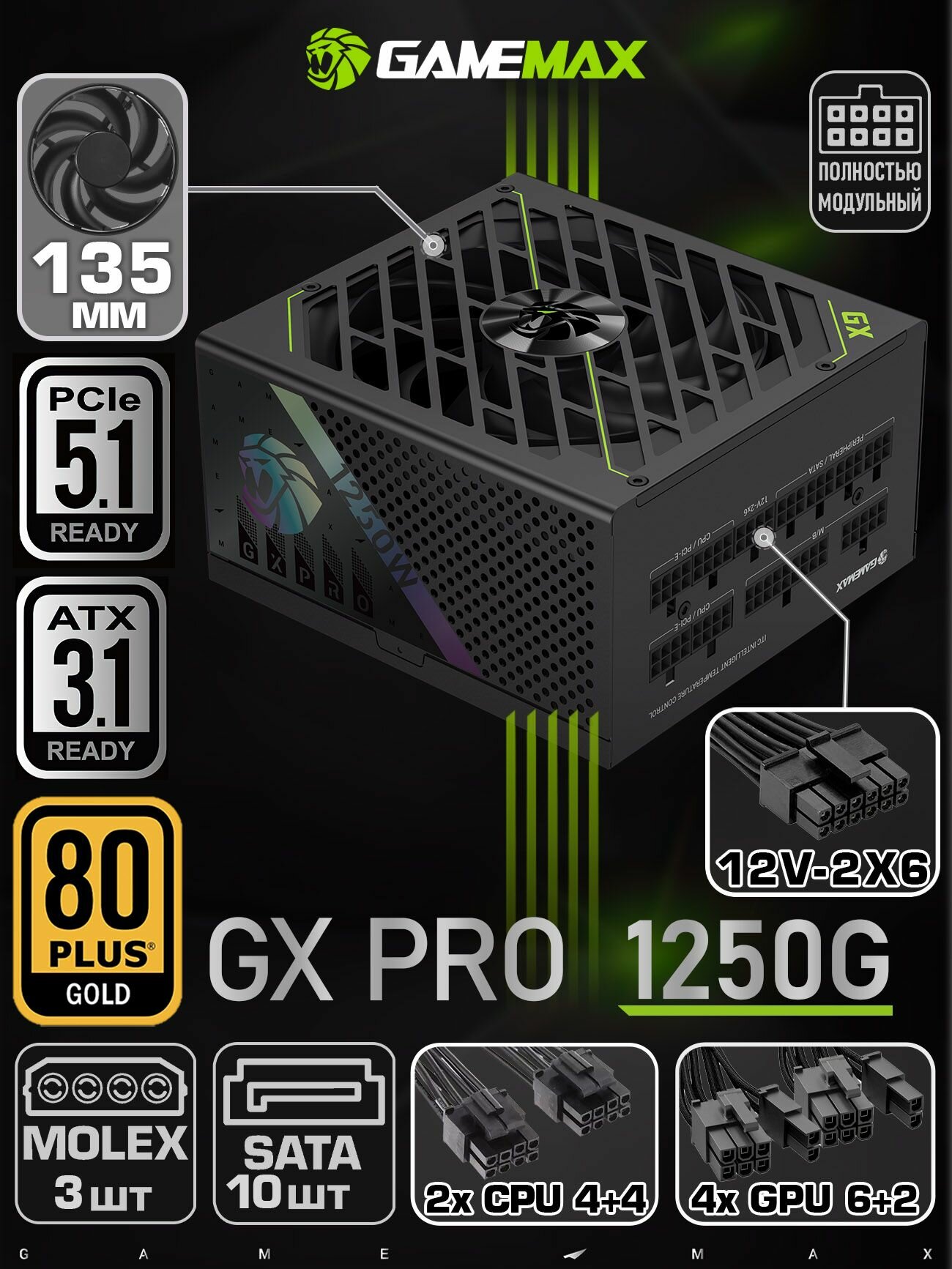 Блок питания для ПК 1250W 80+ Gold ATX GAMEMAX GX-1250G PRO ATX3.1 PCIe5.1 Черный 135мм 20+4pin 2*4+4pin(CPU) 4*6+2pin(PCI-E) 1*12V-2х6(PCI-E) 10*SATA 3*MOLEX 1*FDD