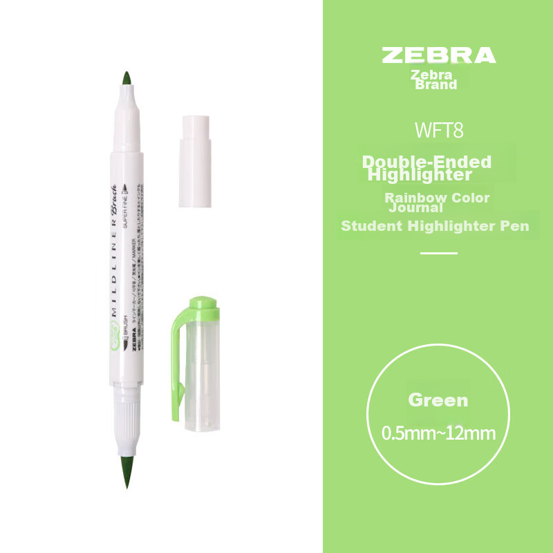 ZEBRA Dual-Tip Highlighter Pen, Rainbow Color Planner Pen, Student Highlighting Pen, Marking Pen, Brush Soft Color Series, WFT8, Green