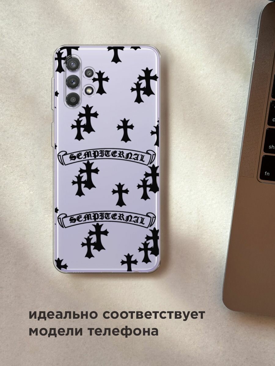 Чехол на Samsung Galaxy A32 / Самсунг Галакси А32 с принтом "Кресты паттерн чёрный", прозрачный — фото 1