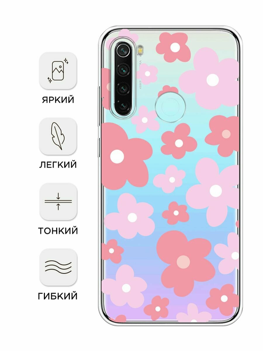 Чехол на Xiaomi Redmi Note 8 / Сяоми Редми Нот 8 с принтом "Нежные розовые цветочки рисунок", прозрачный — фото 1