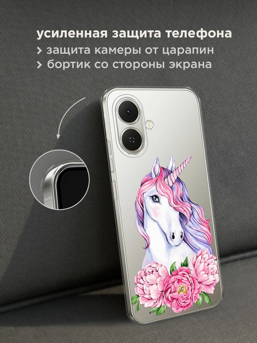 Чехол на Tecno Spark Go 2 / Текно Спарк Го 2 с принтом "Единорог с пионами", прозрачный — фото 1
