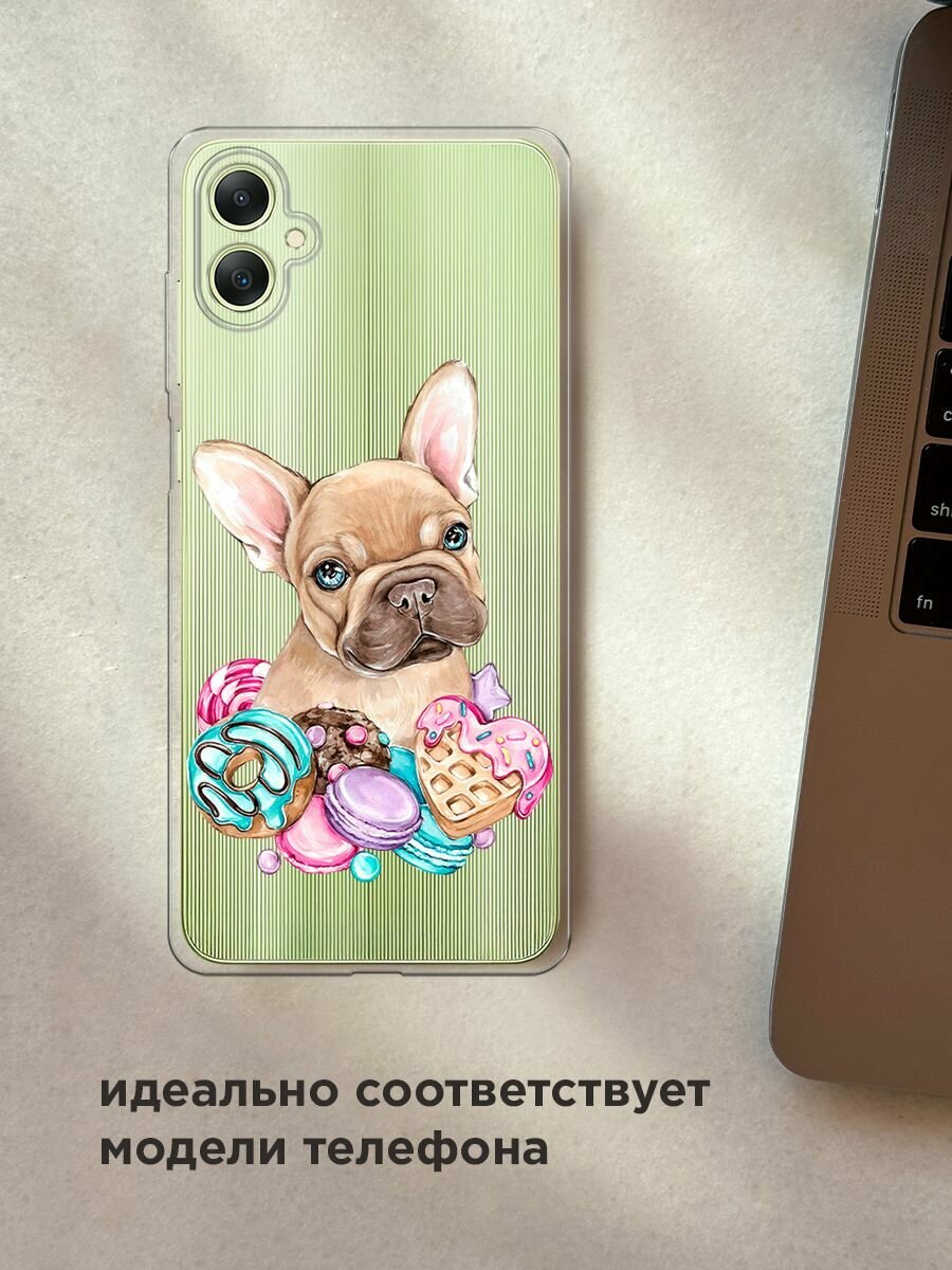 Чехол на Samsung Galaxy A06 / Самсунг Галакси А06 с принтом "Бульдог и сладости", прозрачный — фото 1