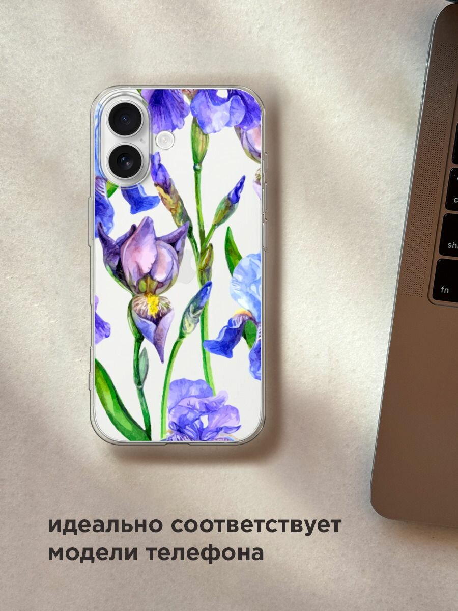 Чехол на Apple iPhone 17 / Айфон 17 с принтом "Синие ирисы", прозрачный — фото 1