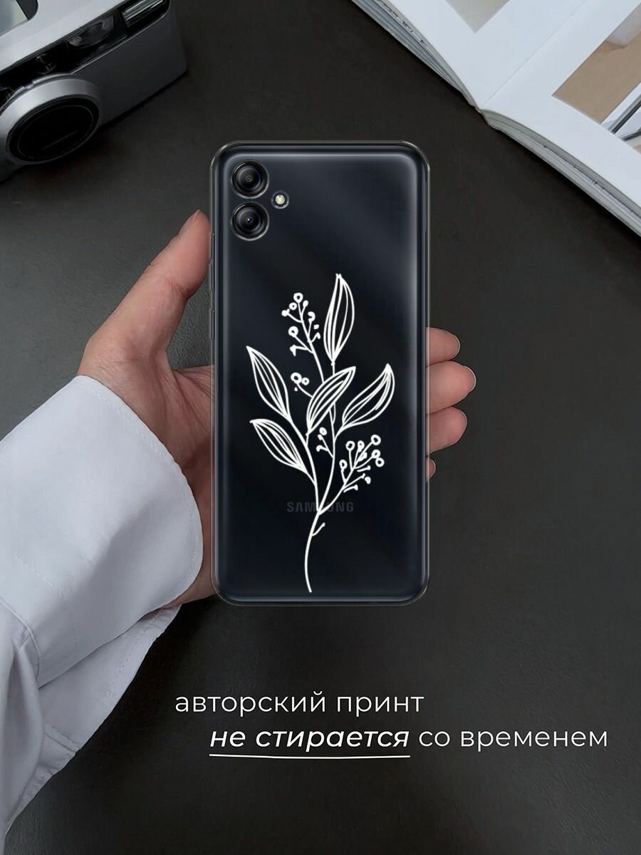 Чехол на Samsung Galaxy A04e / Самсунг A04e с принтом "Ветка с листочками и цветами", прозрачный — фото 1
