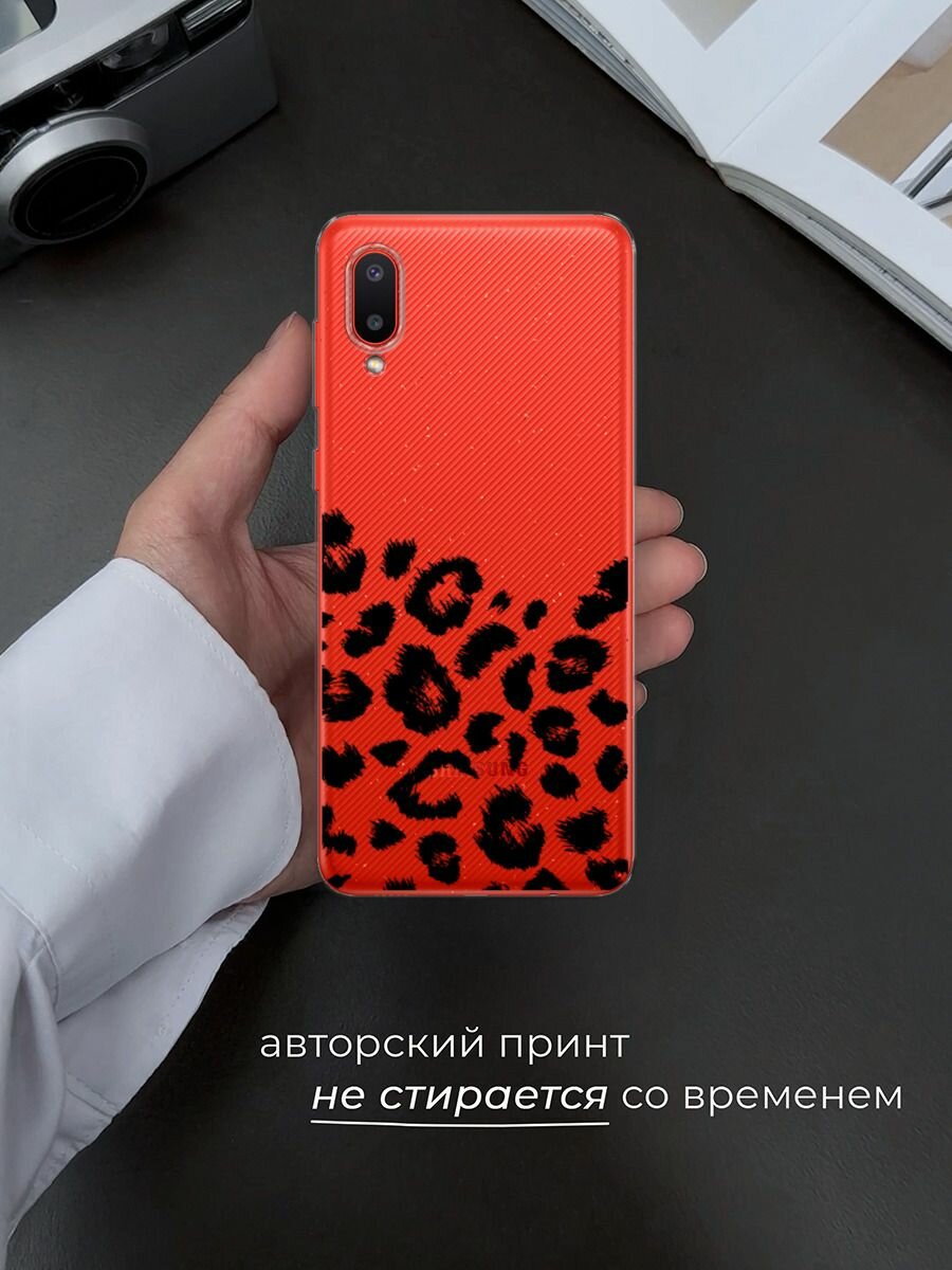 Чехол на Samsung Galaxy A02 / Самсунг Галакси А02 с принтом "Окрас леопарда фон черный", прозрачный — фото 1