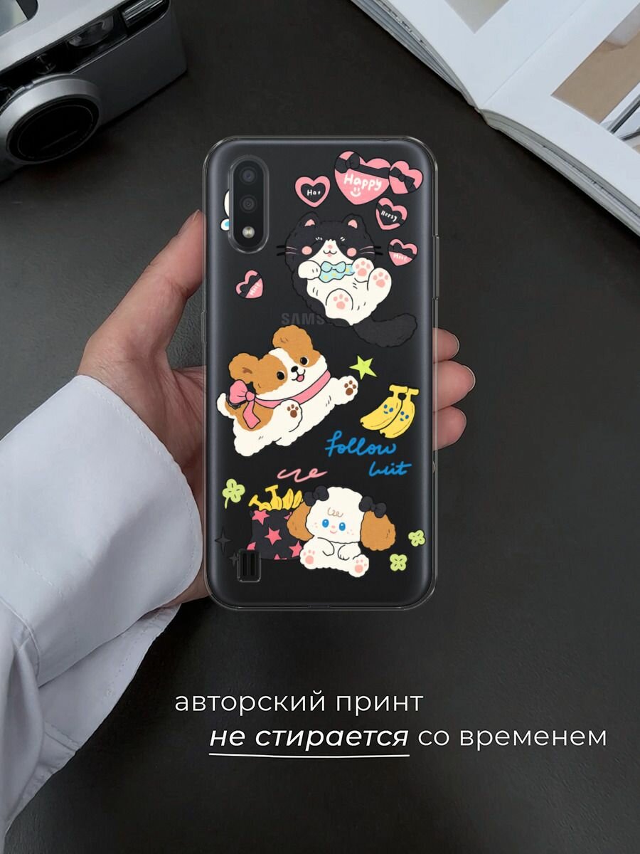 Чехол на Samsung Galaxy A01 / Самсунг Гэлакси А01 с принтом "Кудрявые животные", прозрачный — фото 1