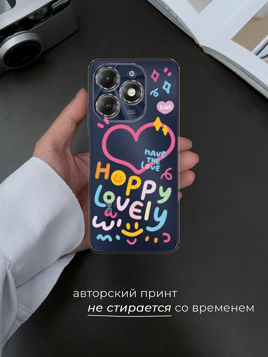 Чехол на Itel A70 / Ител А70 с принтом "Happy lovely", прозрачный — фото 1