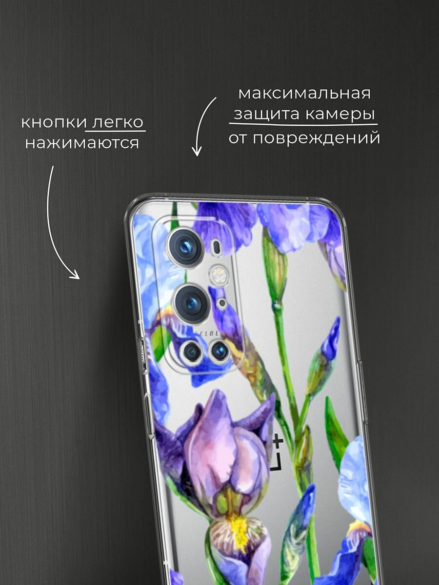 Чехол на OnePlus 9 Pro / ВанПлас 9 Про с принтом "Синие ирисы", прозрачный — фото 1