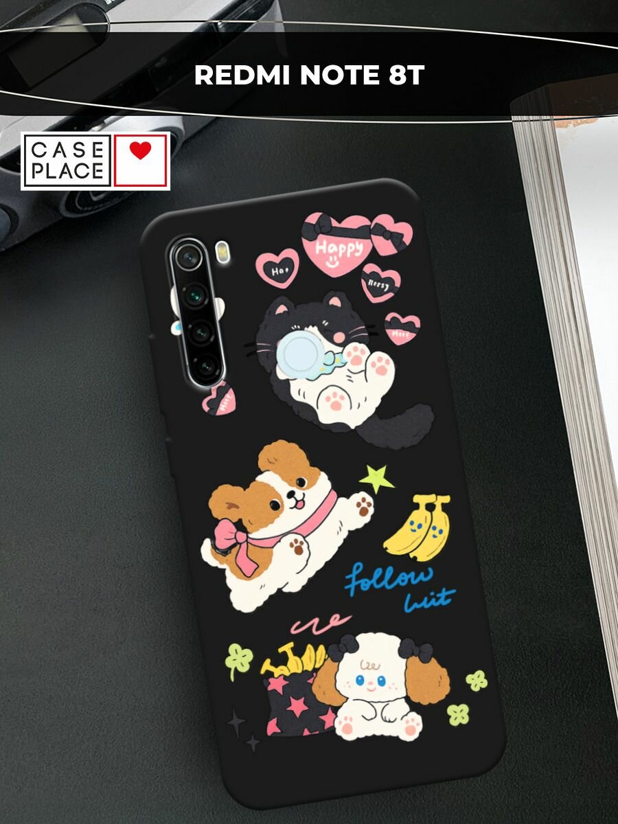 Черный матовый чехол на Xiaomi Redmi Note 8T / Сяоми Редми Нот 8Т с принтом "Кудрявые животные"