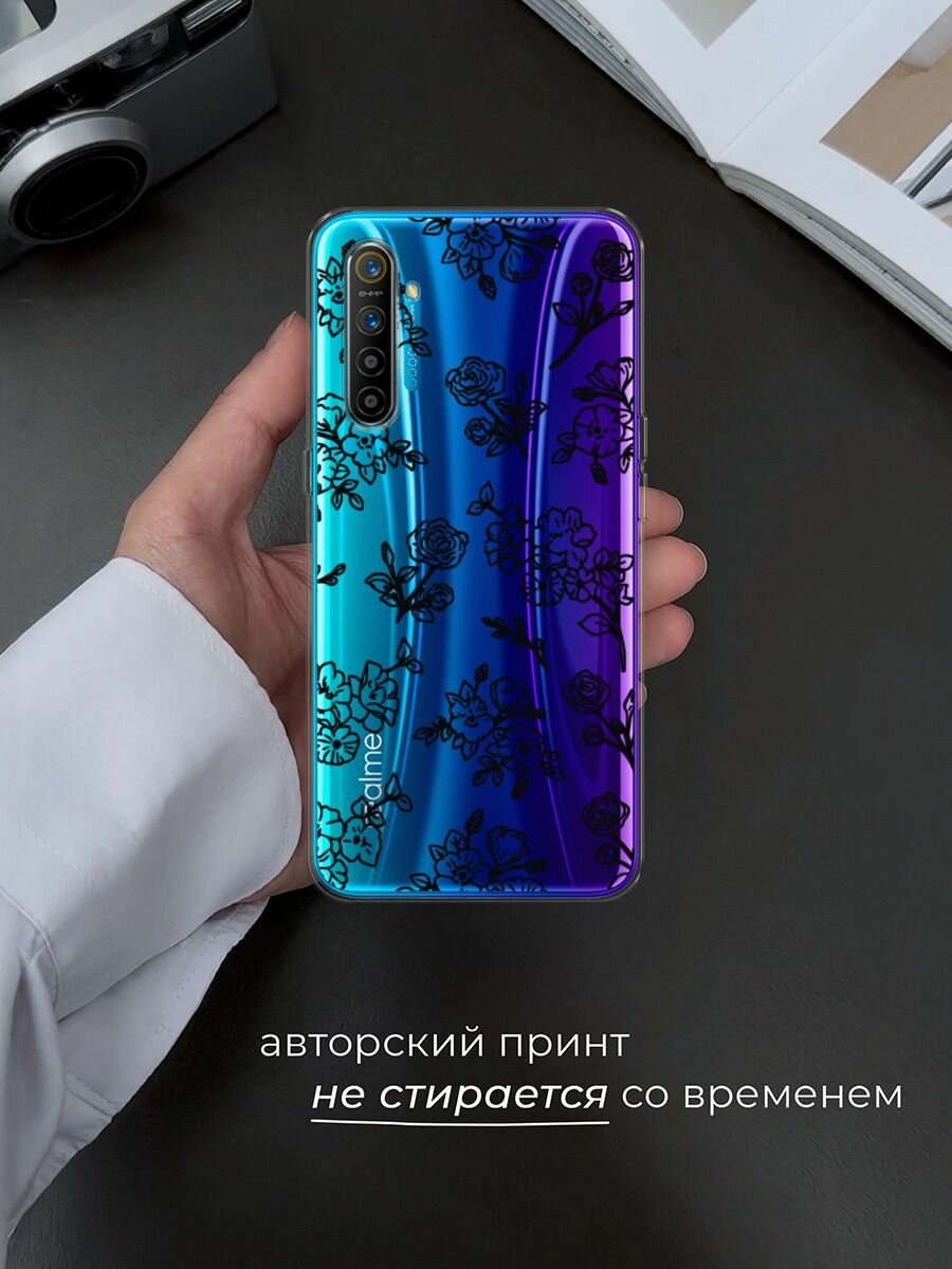 Чехол на Realme XT / Реалми XT с принтом "Черные розы паттерн", прозрачный — фото 1