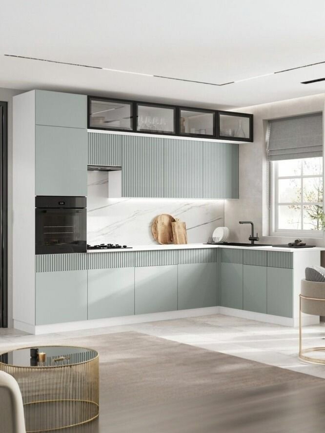 Угловая кухня Оливия МДФ/ЛДСП 3,0х1,8м белый/шарли бриз со столешницей