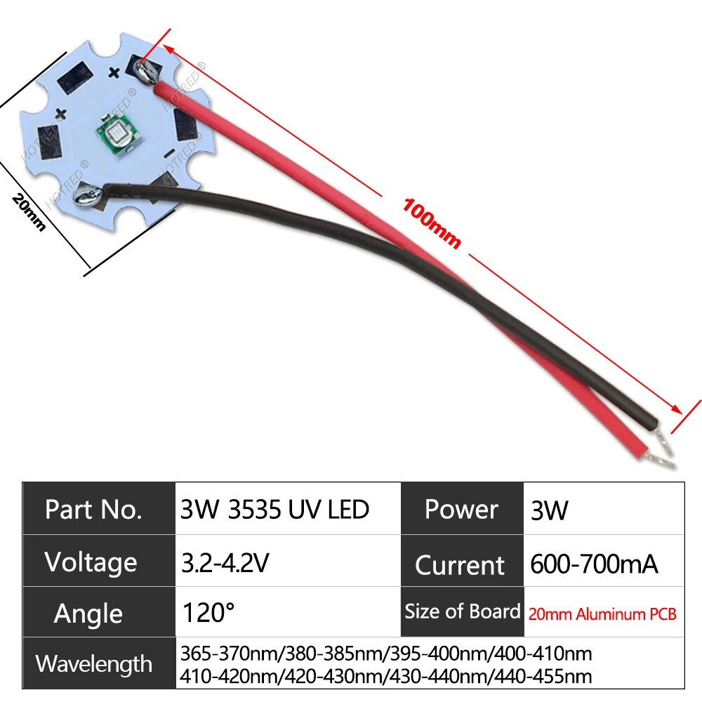3W УФ-LED 3535, 430-440nm, 20mm, 120°