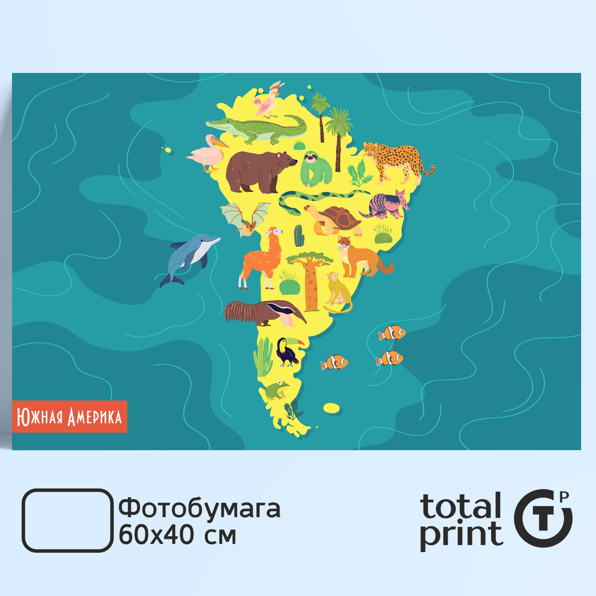Постер на стену Карта животного мира, Южная Америка, 60х40см, TotalPrint