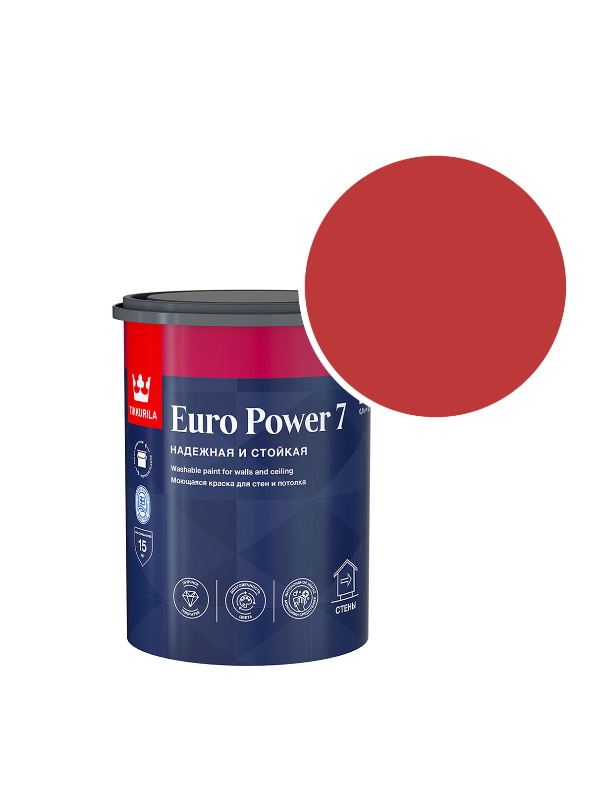 Краска моющаяся Tikkurila Euro Power 7 RAL 3020 (Транспортный красный - Traffic red) 0,9 л