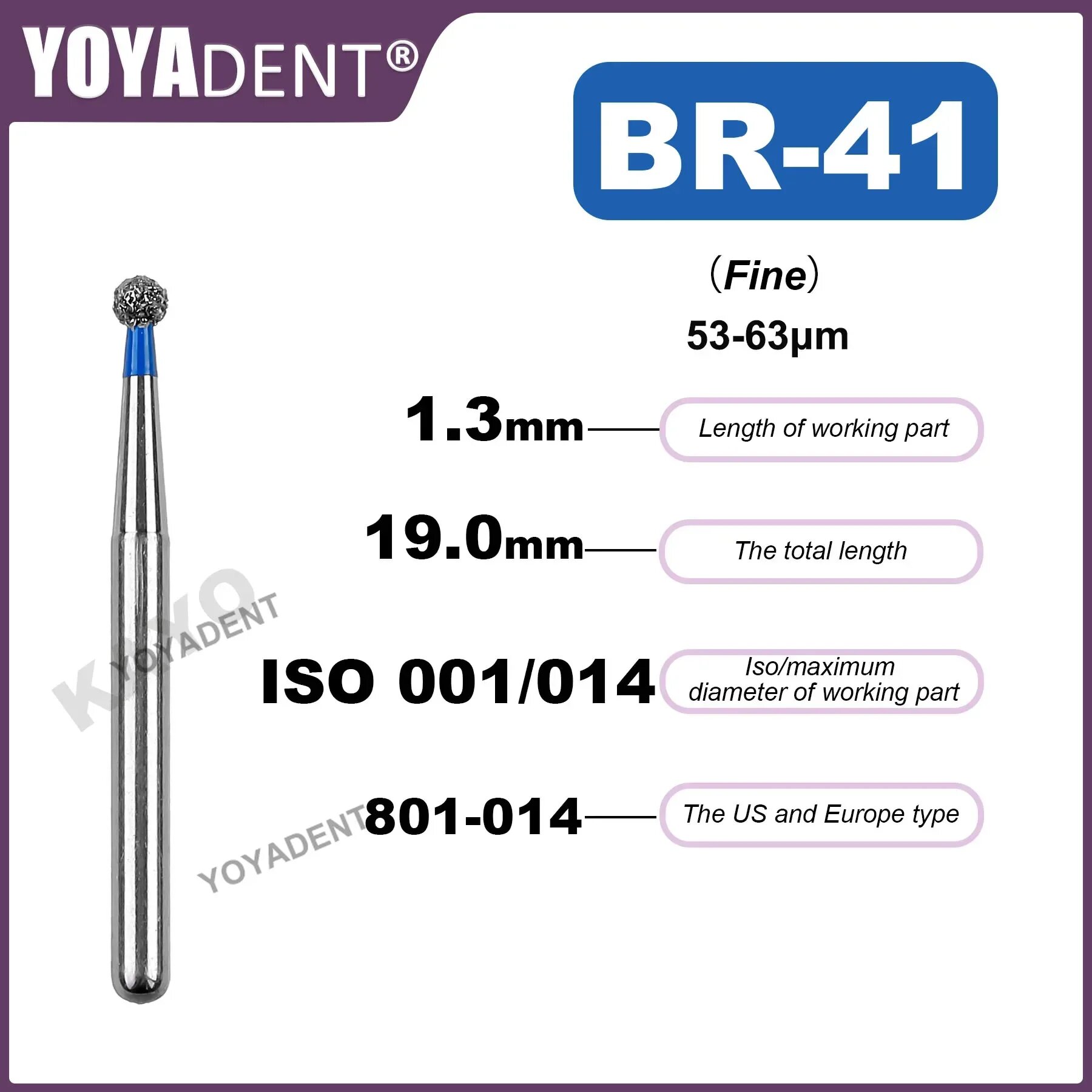Алмазный бор YOYADENT BR-41 Fine, 1.3 мм, 19.0 мм, ISO 001/014, 1